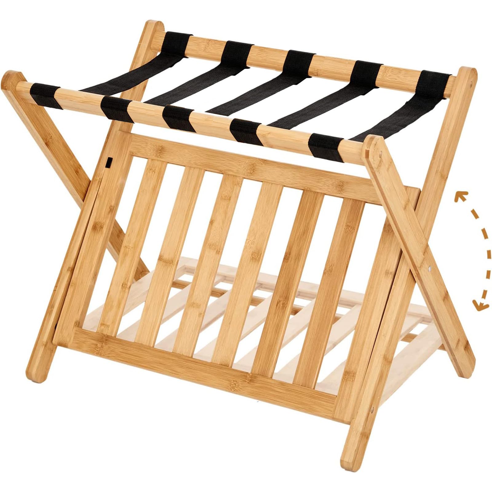 koyasiry Fully Assembled Luggage Rack,2-Packed,Foldable Bamboo Luggage Rack for Guest Room Suitcase Stand with Nylon Straps,Luggage Stand Bamboo Luggage Holder with Shelf for Bedroom,Hotel,No Assembly