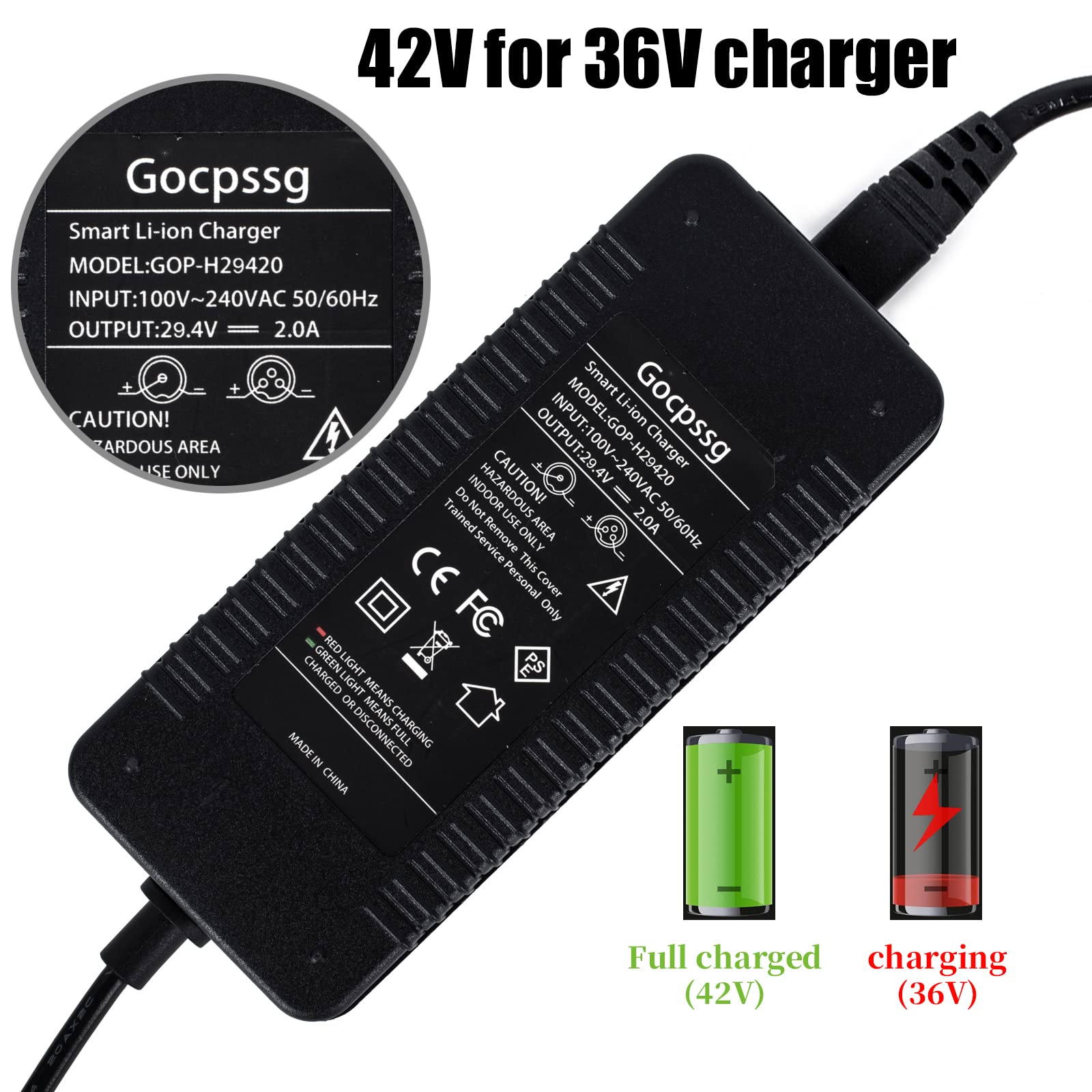 Gocpssg 29.4V 2A Charger for 25.2V 25.9V 25.6V 24v Lithium Battery 2 Plugs 1 Prong 5.5mm DC Plug and 8mm 3 Prong Connector