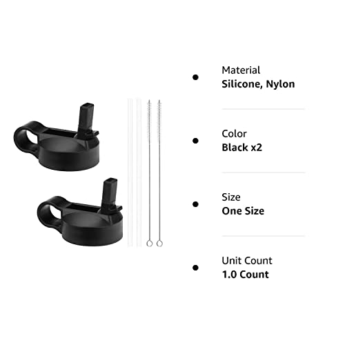 Top Souls Wide Mouth Straw Lids Compatible with Most Sports Water Bottles, 2 Lids 2 Long Straws 2 Brushes in 1 Value Pack.(Black x2)