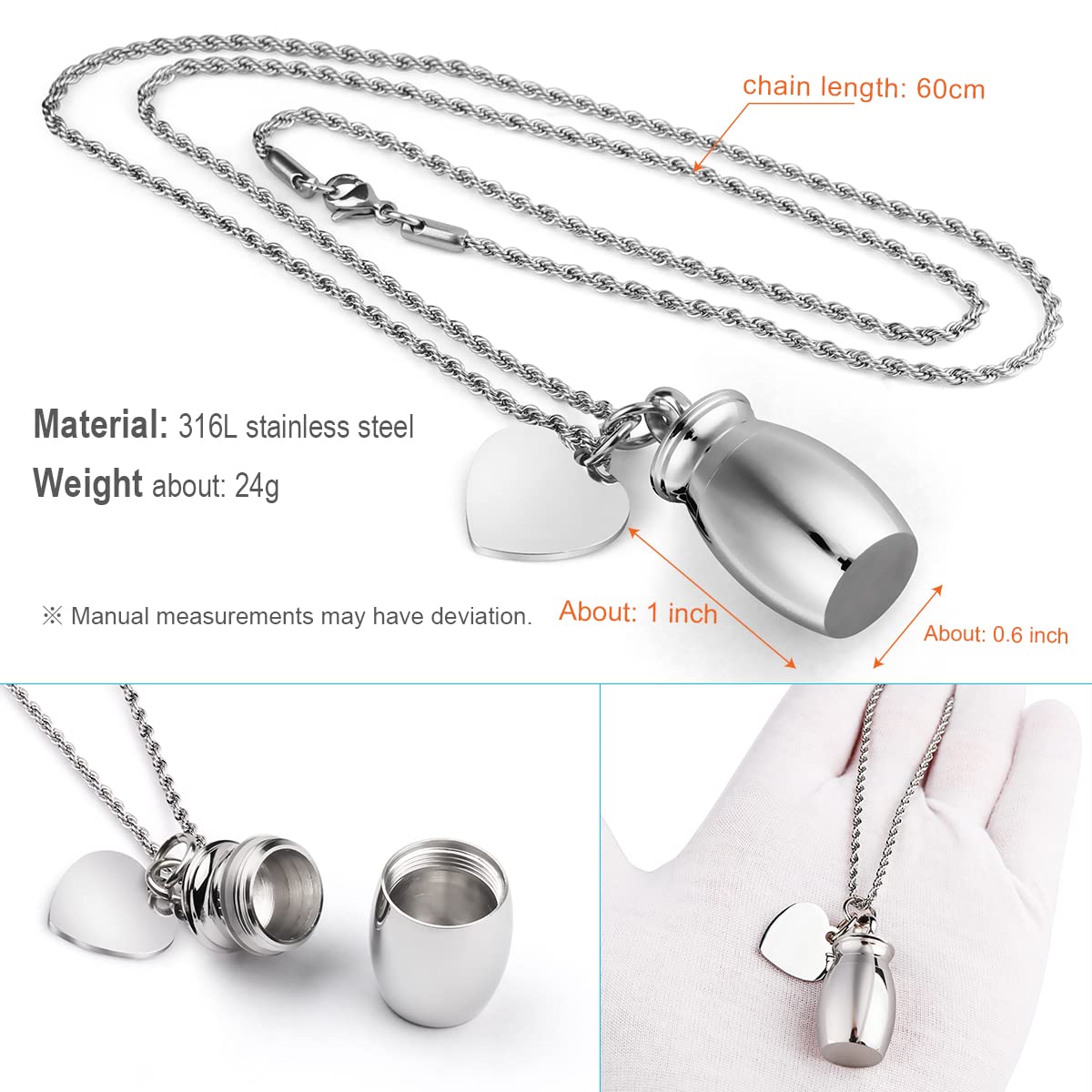 ChunlongFour Waterproof Pet Urn Necklace for Dogs Ashes, Cat Dog Urn Ashes Necklace for Cremation Ash Keepsake Memorial Jewelry Pend
