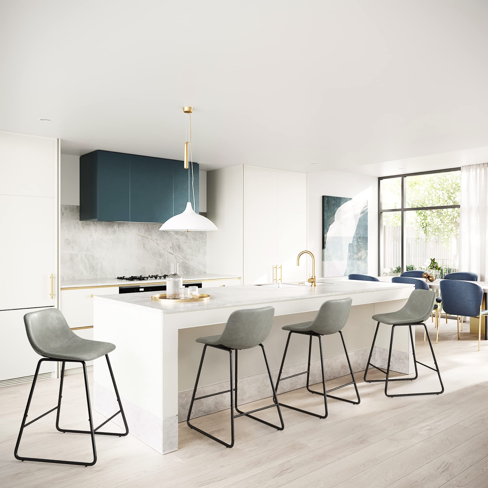 LUE BONA Bar Stools Set of 4, 24" ALX Faux Leather Barstools, Modern Counter Height Stools with Back and Metal Legs, Armless Counter Chairs for Kitchen Island, Grey
