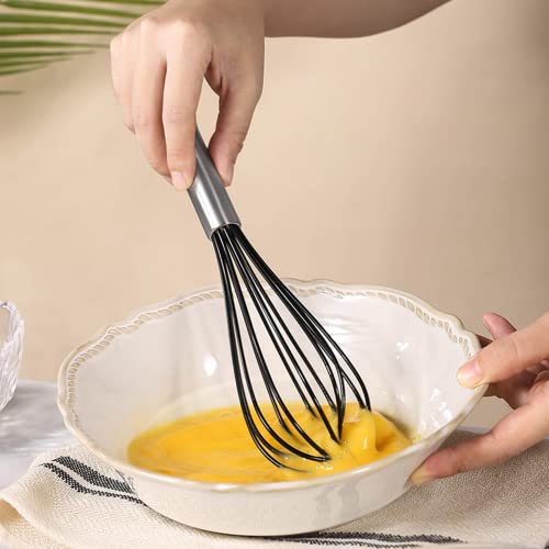 NileHome Whisk Commercial Whisks Stainless Steel & Silicone Non-Stick Coated Small Whisk Set 8" 10" 12" Kitchen Wisk Wire Whisks for Cooking 3 Pack, Black