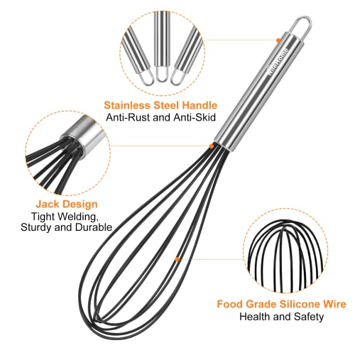 NileHome Whisk Commercial Whisks Stainless Steel & Silicone Non-Stick Coated Small Whisk Set 8" 10" 12" Kitchen Wisk Wire Whisks for Cooking 3 Pack, Black