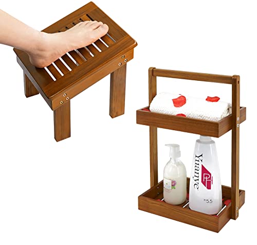 Utoplike Teak Wood Shower Foot Stool for Shaving Legs 2 Tier Shower Caddy Organizer