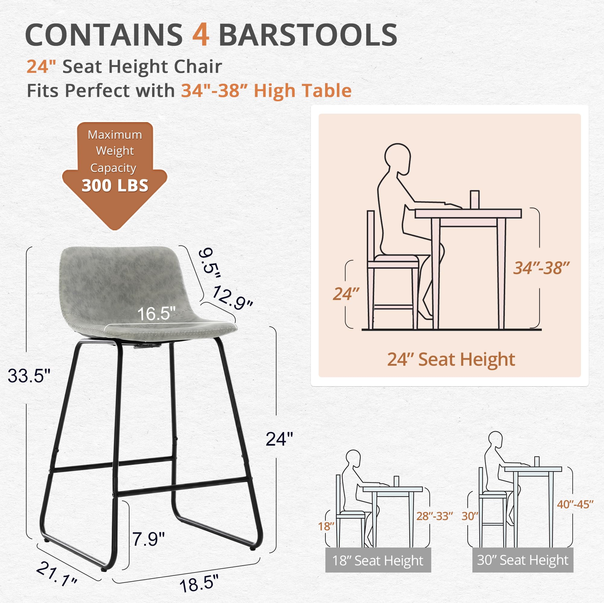 LUE BONA Bar Stools Set of 4, 24" ALX Faux Leather Barstools, Modern Counter Height Stools with Back and Metal Legs, Armless Counter Chairs for Kitchen Island, Grey