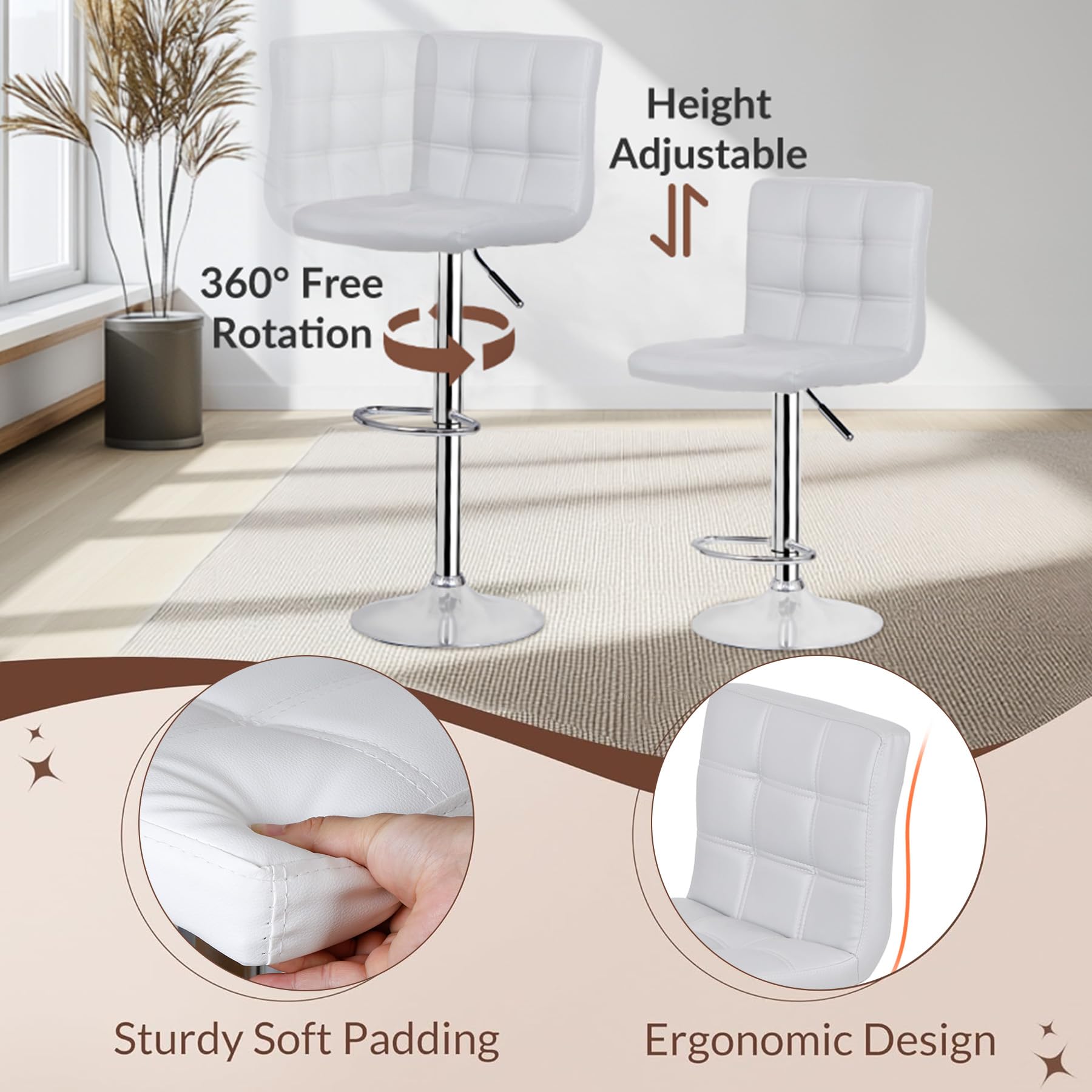 ZENY X-Large Bar Stools - Counter Chairs Adjustable Counter Height Swivel Barstools Set of 4, Square PU Leather Kitchen Counter Height Bar Stools, Kitchen Island Chairs,White