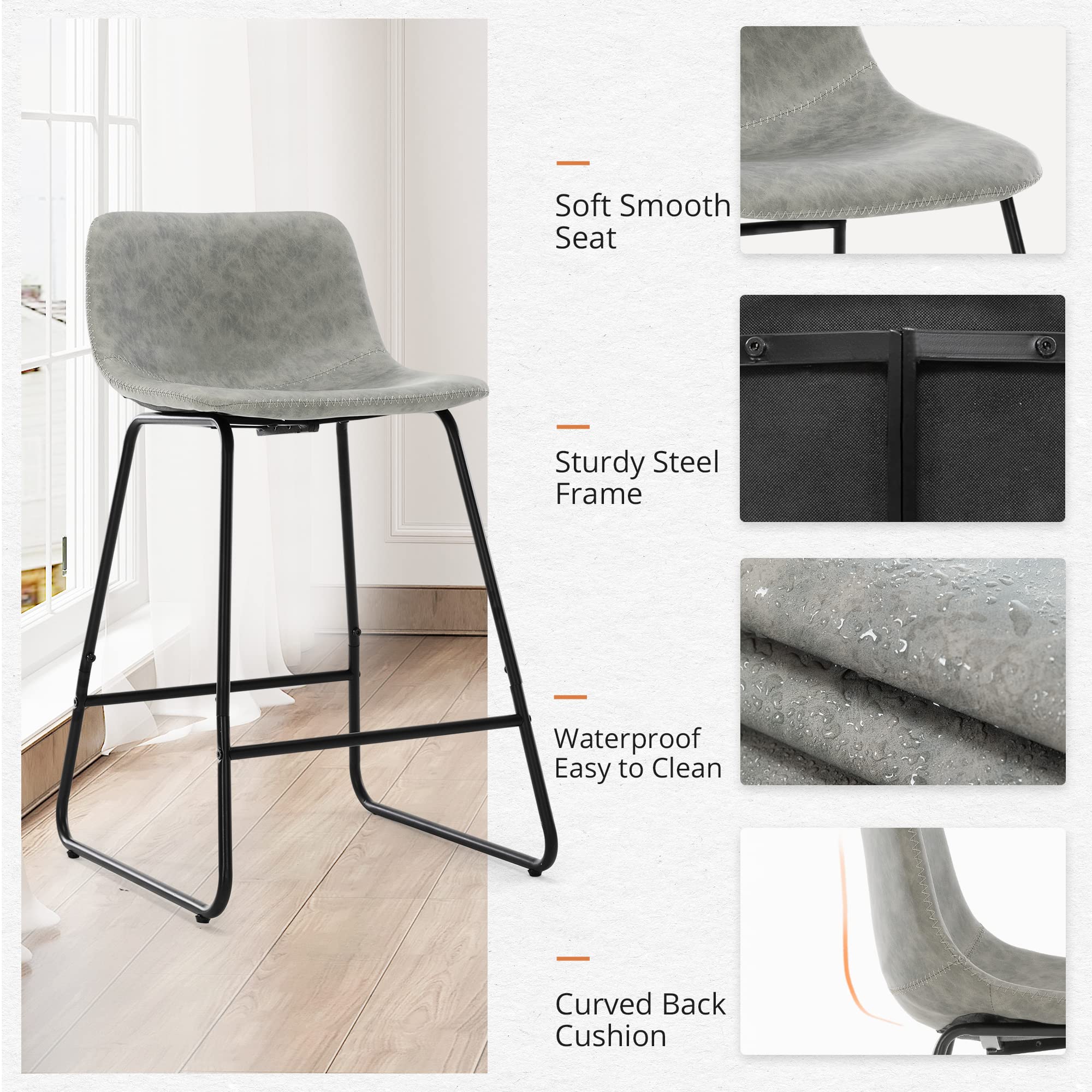LUE BONA Bar Stools Set of 4, 24" ALX Faux Leather Barstools, Modern Counter Height Stools with Back and Metal Legs, Armless Counter Chairs for Kitchen Island, Grey