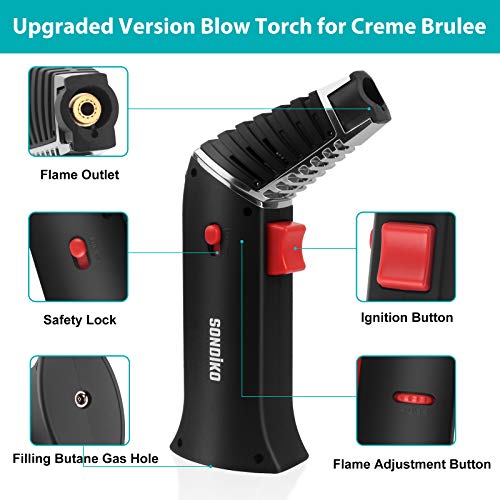 Sondiko Creme Brûlée Torch S928, Kitchen Torch Lighter with Rotatable Torch Head, Safety Lock, Adjustable Flame for Creme Brulee, BBQ, Dab(Butane Gas Not Included)