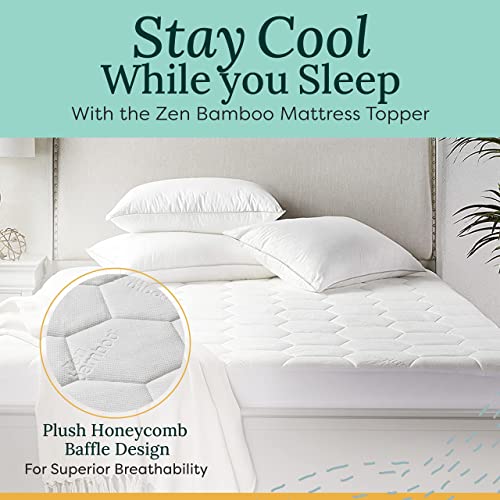 Zen Bamboo Mattress Pad Cover - Cooling Bed Topper & Waterproof Protector w/Deep Pockets, California King Size, White