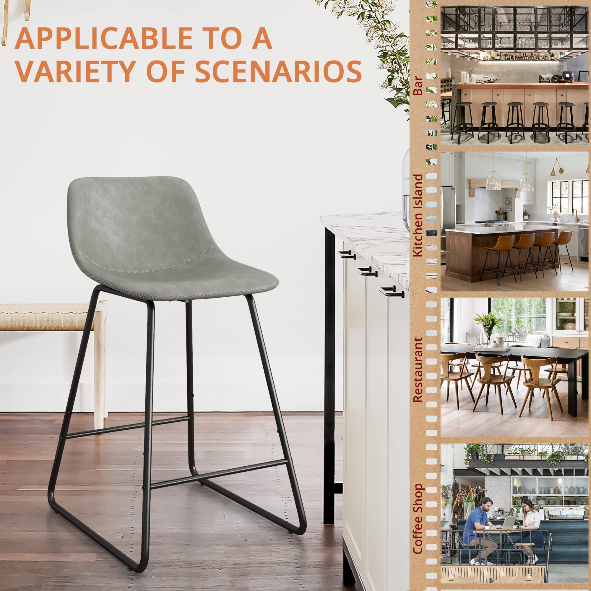 LUE BONA Bar Stools Set of 4, 24" ALX Faux Leather Barstools, Modern Counter Height Stools with Back and Metal Legs, Armless Counter Chairs for Kitchen Island, Grey