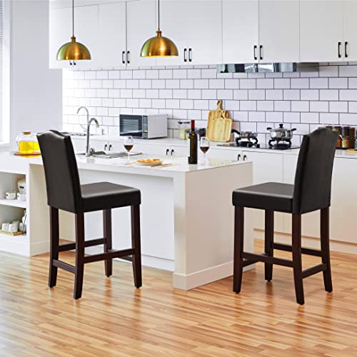 Yaheetech Bar Stools Kitchen Counter Height Stools 25 Inch High Back Leather Pub Chairs Wood Wooden Barstools Brown, 2PCS (Package 1)