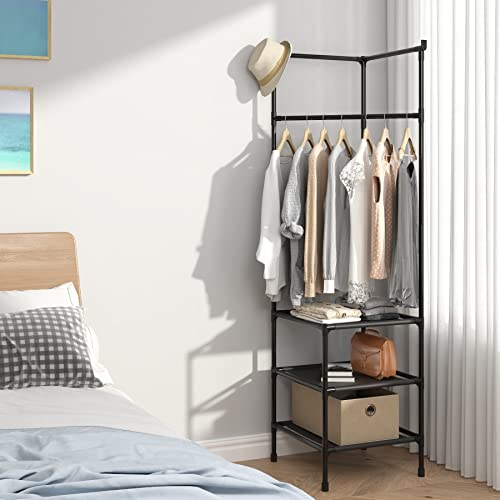 MOYIPIN Coat Rack Freestanding Closet Organizer,Simple Hall Tree with 3 Storage Shelves, Corner Storage Organizer, for Entryway, Bedroom, Black