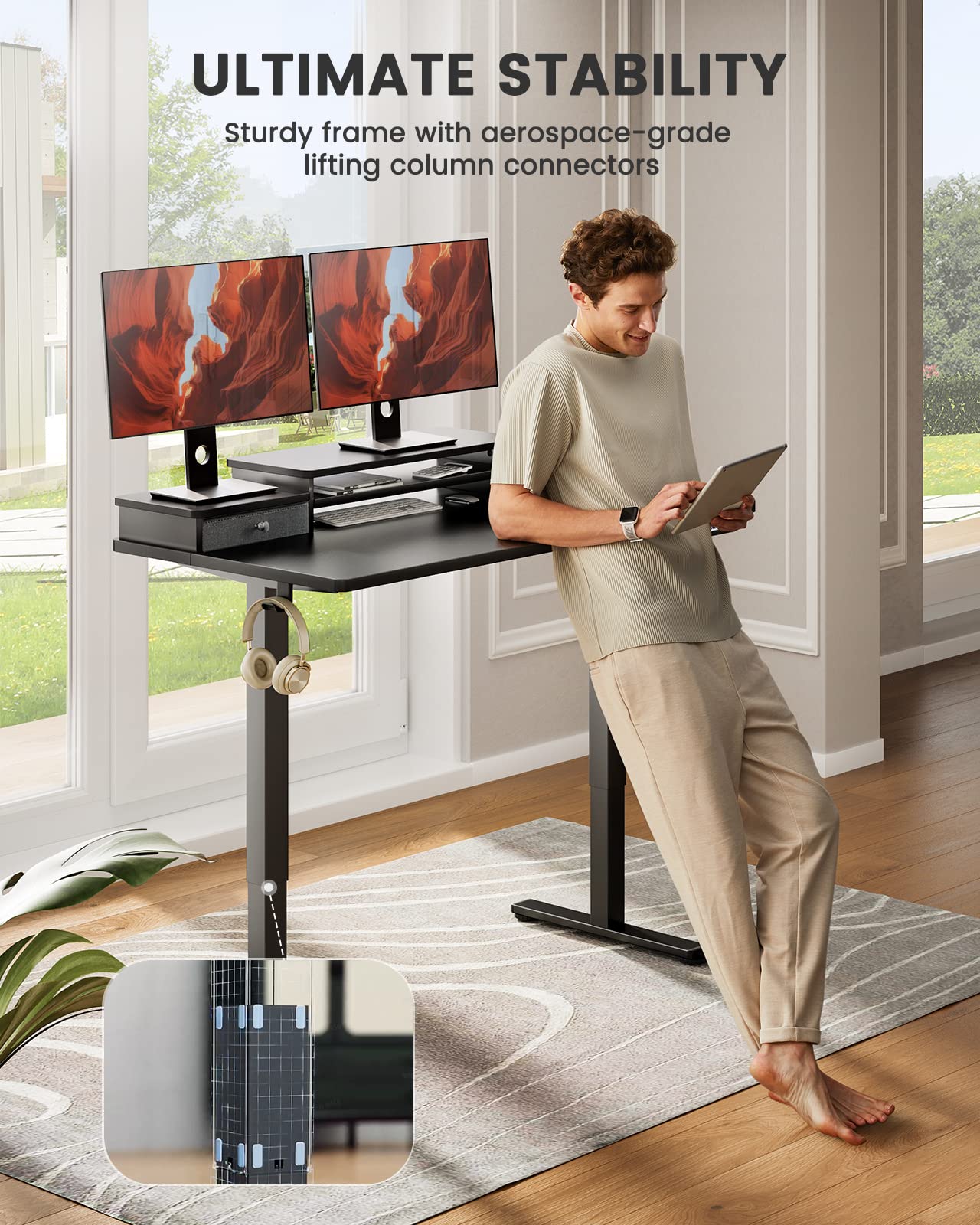 ErGear Electric Standing Desk with Double Drawers, 55x28 Inches Adjustable Height Sit Stand Up Desk, Home Office Desk Computer Workstation with Storage Shelf, Black
