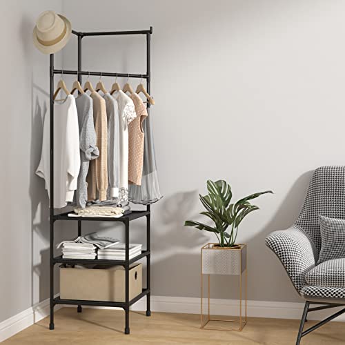 MOYIPIN Coat Rack Freestanding Closet Organizer,Simple Hall Tree with 3 Storage Shelves, Corner Storage Organizer, for Entryway, Bedroom, Black
