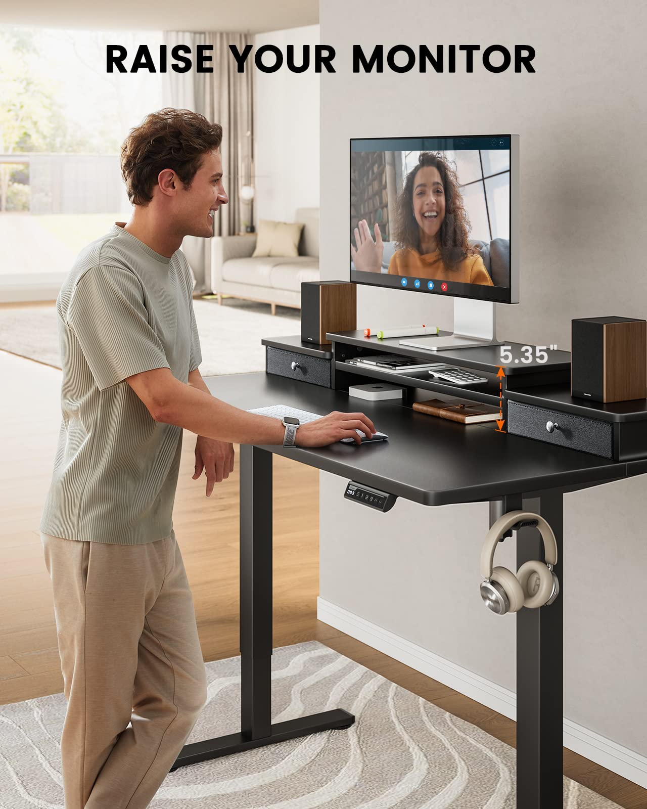 ErGear Electric Standing Desk with Double Drawers, 55x28 Inches Adjustable Height Sit Stand Up Desk, Home Office Desk Computer Workstation with Storage Shelf, Black