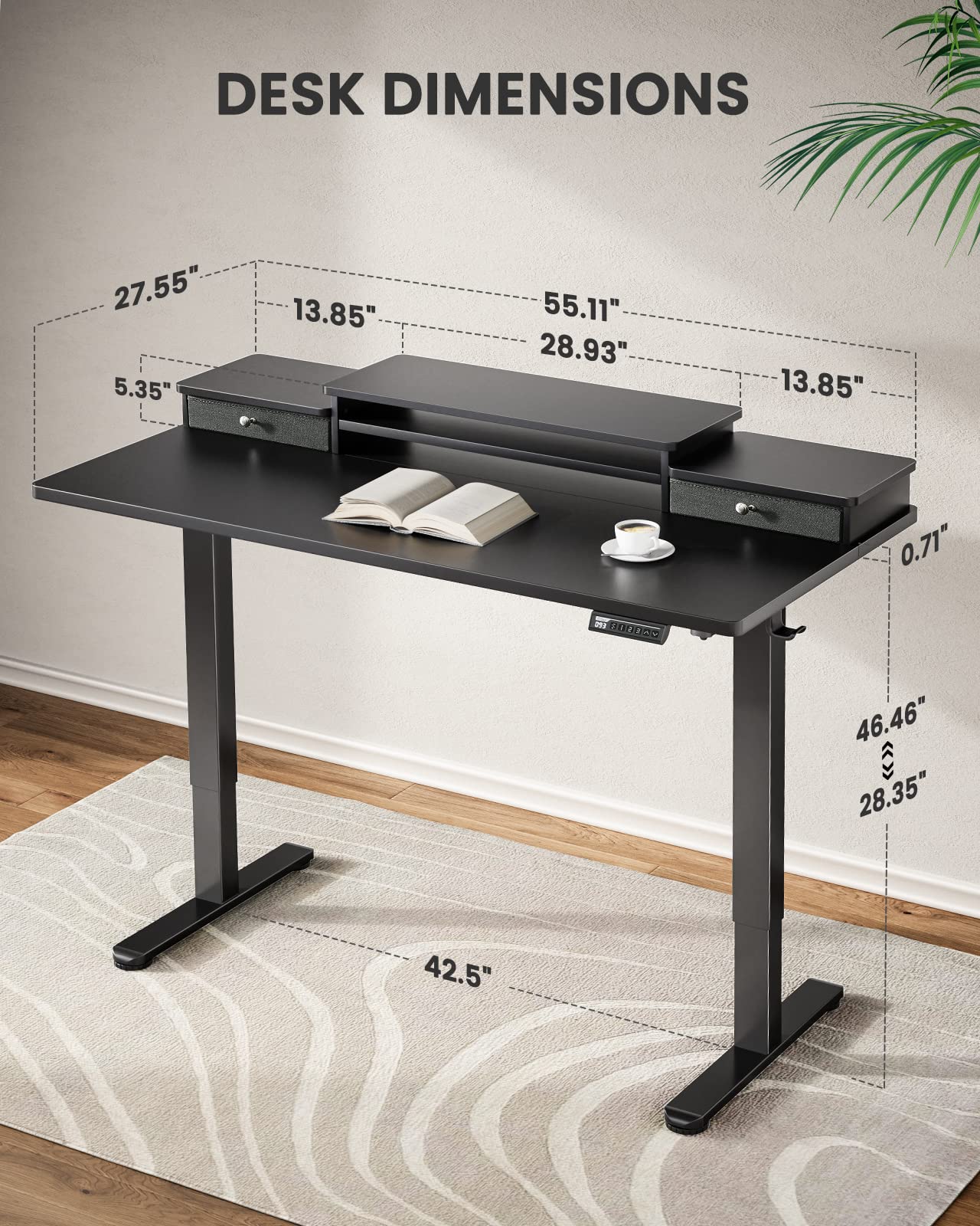 ErGear Electric Standing Desk with Double Drawers, 55x28 Inches Adjustable Height Sit Stand Up Desk, Home Office Desk Computer Workstation with Storage Shelf, Black