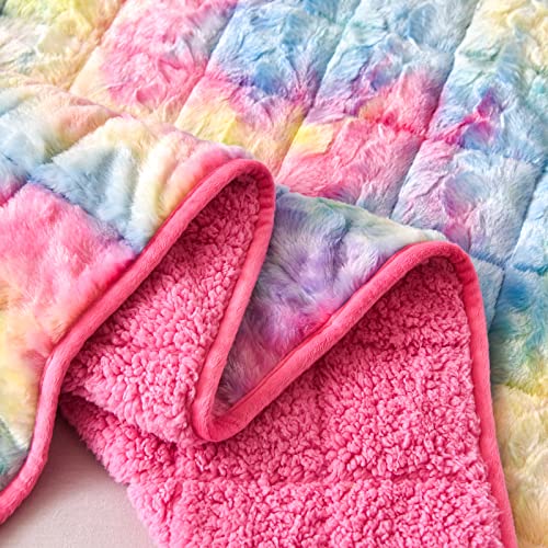 NEWCOSPLAY Faux Fur Weighted Blanket Soft Thick Heavy Throw Blanket for Adult Kids Plush Sherpa with Glass Beads (Dark Rainbow, 48"x72" | 15 lbs)