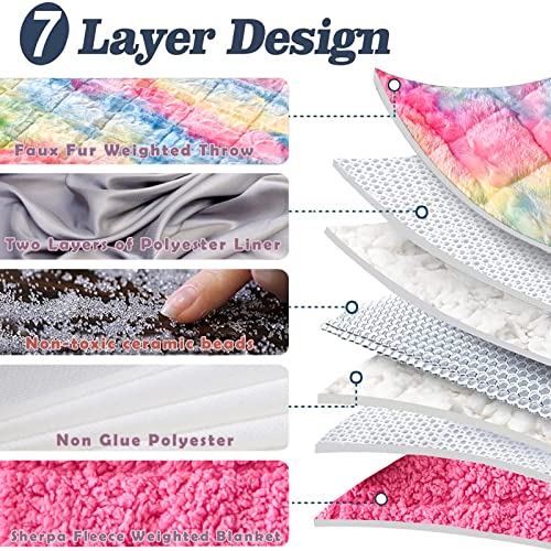 NEWCOSPLAY Faux Fur Weighted Blanket Soft Thick Heavy Throw Blanket for Adult Kids Plush Sherpa with Glass Beads (Dark Rainbow, 48"x72" | 15 lbs)