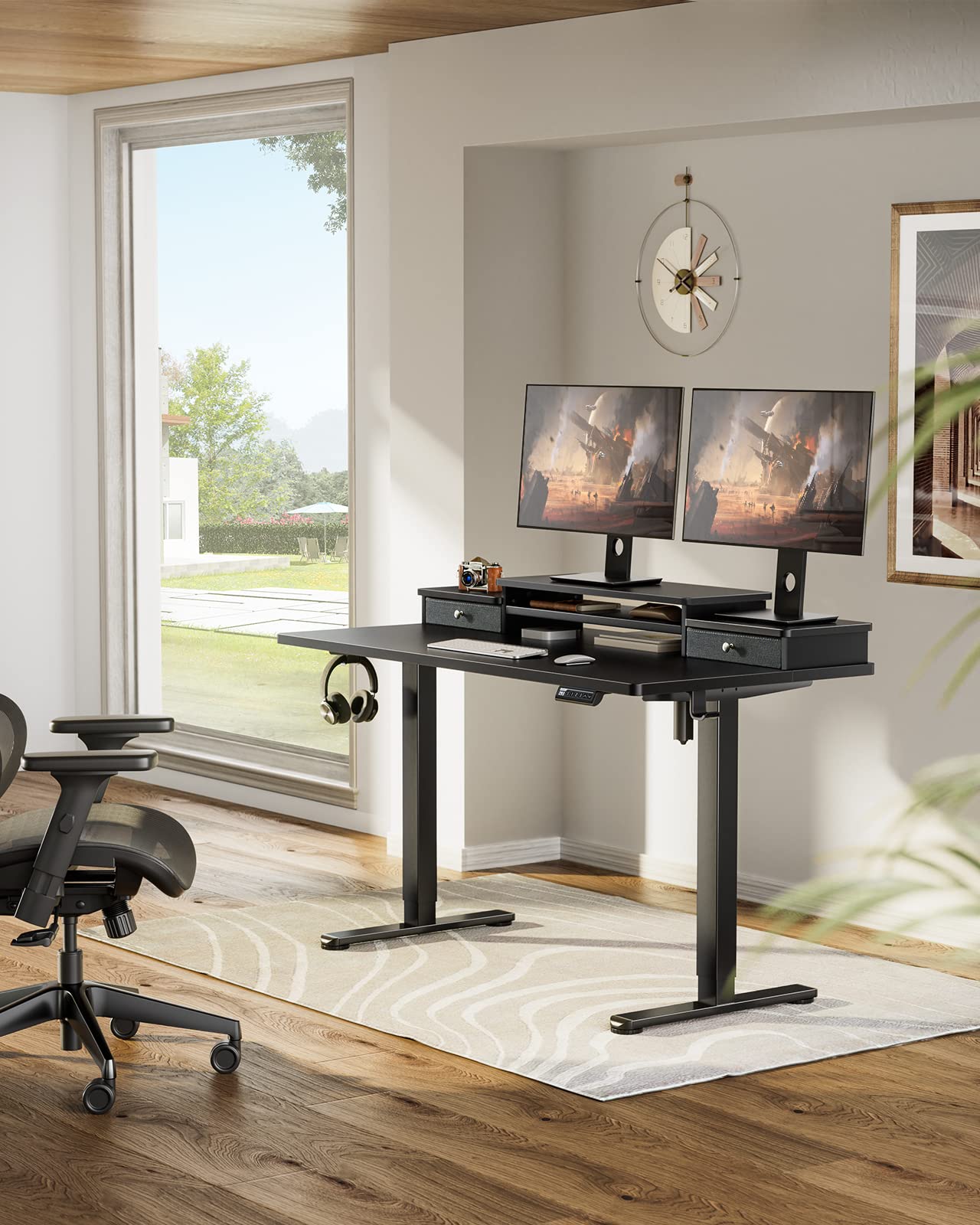 ErGear Electric Standing Desk with Double Drawers, 55x28 Inches Adjustable Height Sit Stand Up Desk, Home Office Desk Computer Workstation with Storage Shelf, Black