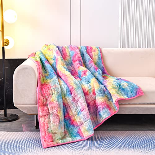 NEWCOSPLAY Faux Fur Weighted Blanket Soft Thick Heavy Throw Blanket for Adult Kids Plush Sherpa with Glass Beads (Dark Rainbow, 48"x72" | 15 lbs)