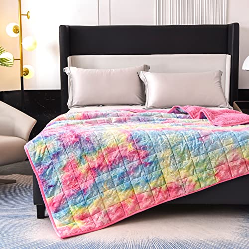 NEWCOSPLAY Faux Fur Weighted Blanket Soft Thick Heavy Throw Blanket for Adult Kids Plush Sherpa with Glass Beads (Dark Rainbow, 48"x72" | 15 lbs)
