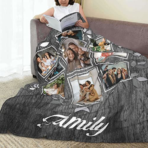 Custom Personalized Family Tree Blanket with Photos Collage Text, Customized Picture Throw Blankets for Adults Mom Dad Birthday(9 Photos,60"x80")