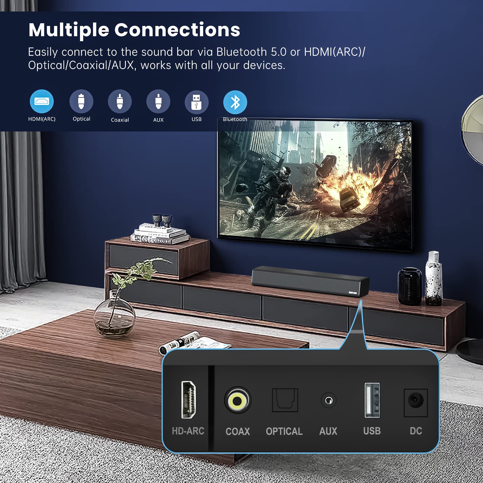 Sound Bar, BESTISAN 50 Watts Soundbar with HDMI, Optical, Coaxial, AUX, USB and Bluetooth Connection, DSP, Bass Adjustable, 16 Inch, Mountable