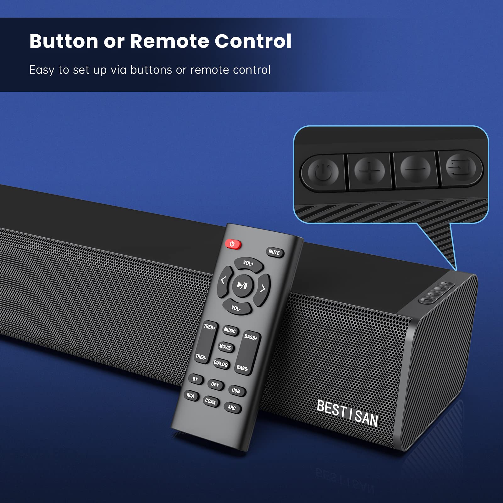 Sound Bar, BESTISAN 50 Watts Soundbar with HDMI, Optical, Coaxial, AUX, USB and Bluetooth Connection, DSP, Bass Adjustable, 16 Inch, Mountable