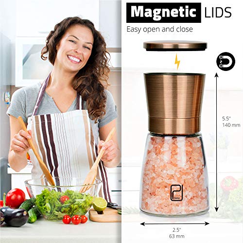 Premium Salt and Pepper Grinder Set - Best Copper Stainless Steel Mill for Home Chef, Magnetic Lids, Smooth Ceramic Spice Grinders with Easy Adjustable Coarseness, Top Salt and Pepper Shakers - 6 Oz