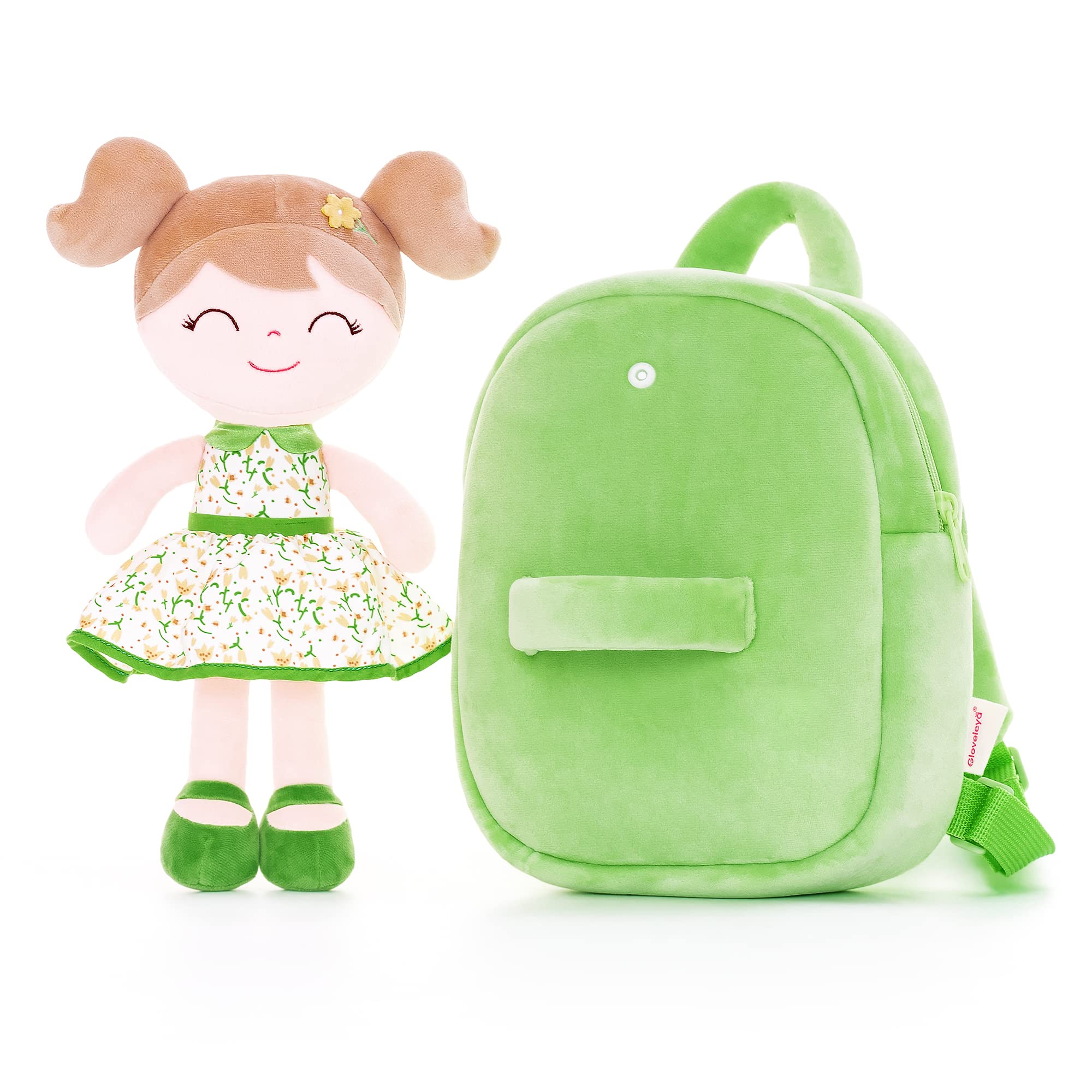 Gloveleya Kids Backpack Toddler Backpack Soft Plush Flower Fairy Girls Doll Backpack Green 9"