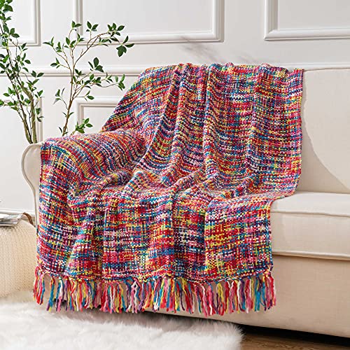BATTILO HOME Multi Colorful Throw Blanket with Tassels, Home Decorative Throw Blanket for Couch, Boho Throw Blankets for Sofa, Bed Thows for Foot of Bed, 50"x60"