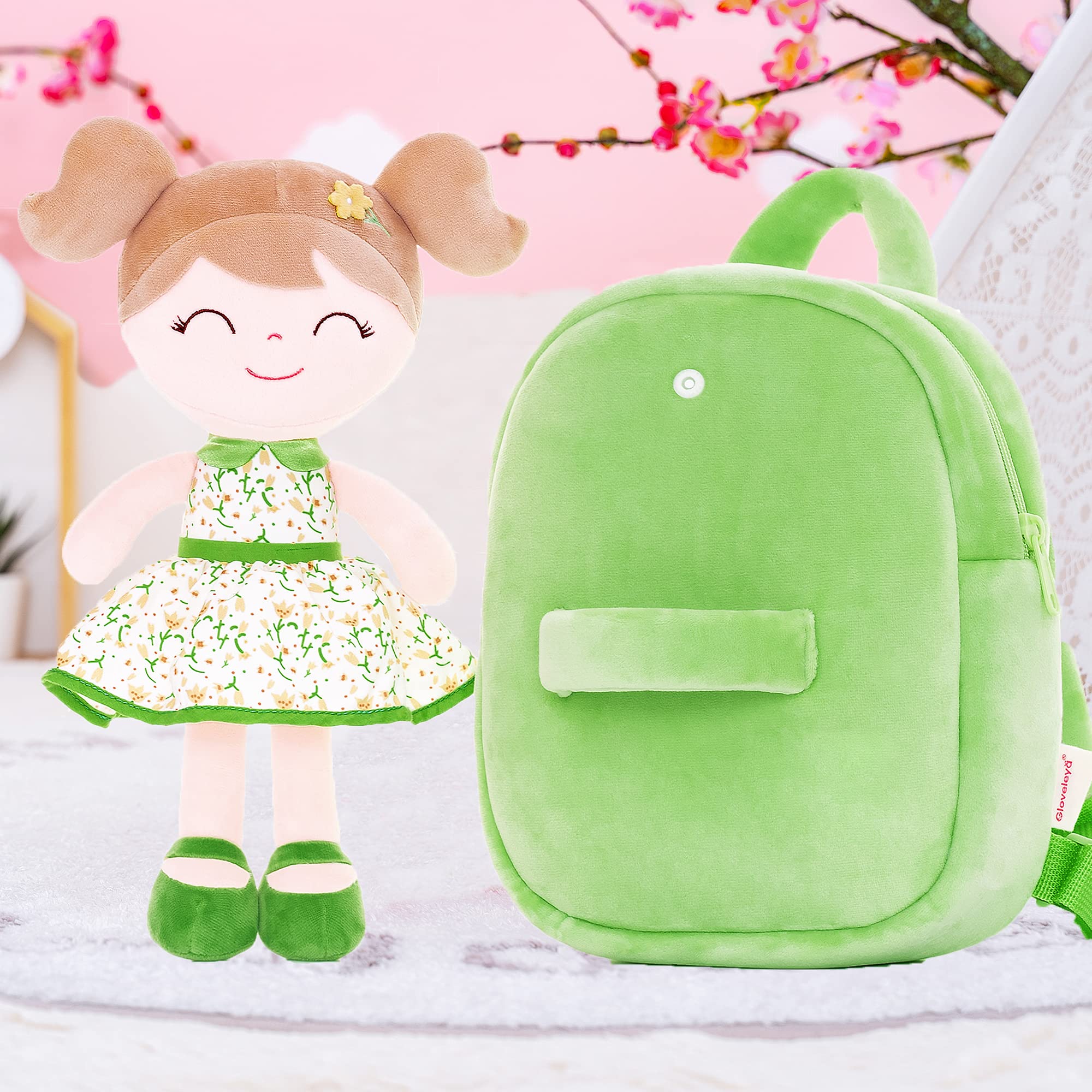 Gloveleya Kids Backpack Toddler Backpack Soft Plush Flower Fairy Girls Doll Backpack Green 9"