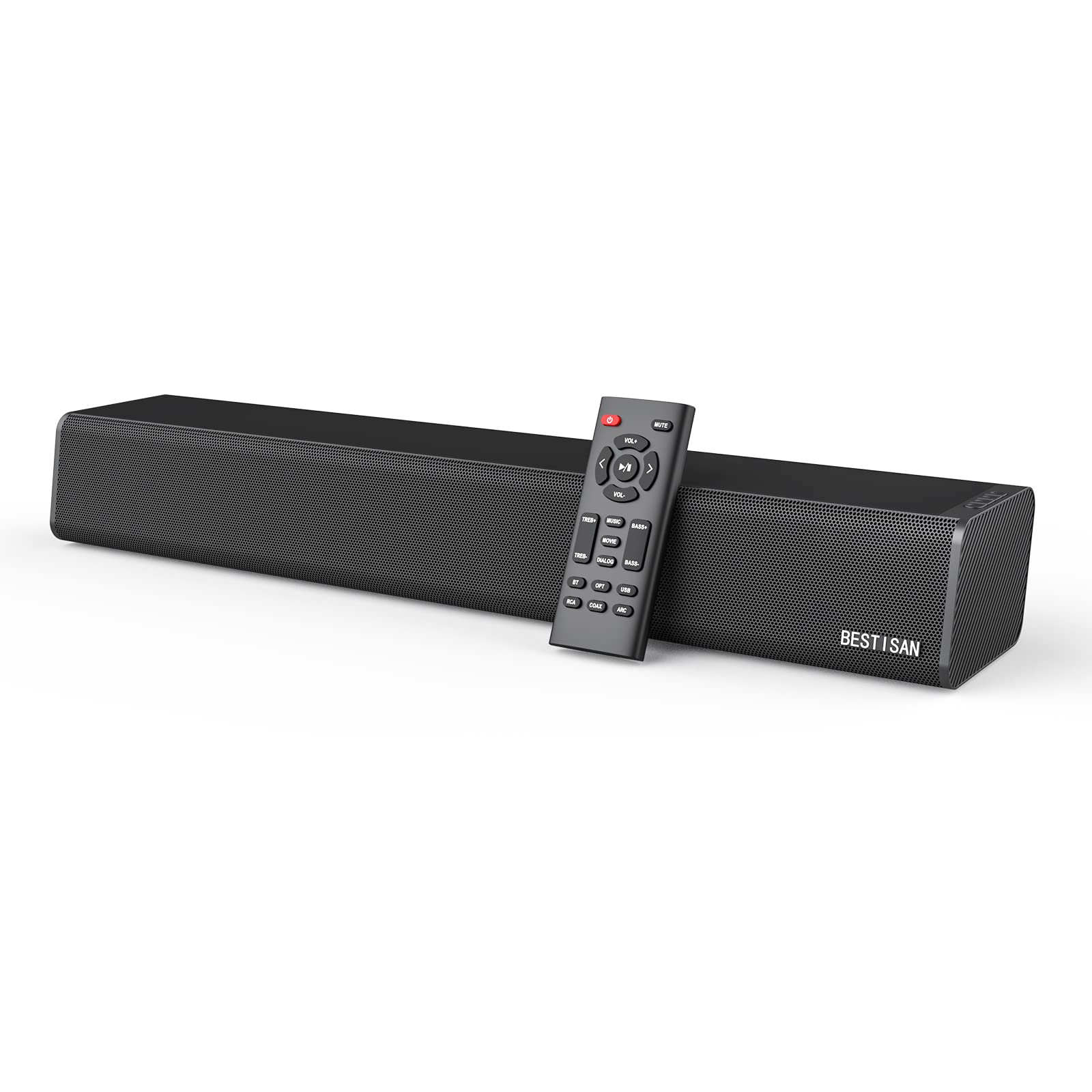 Sound Bar, BESTISAN 50 Watts Soundbar with HDMI, Optical, Coaxial, AUX, USB and Bluetooth Connection, DSP, Bass Adjustable, 16 Inch, Mountable