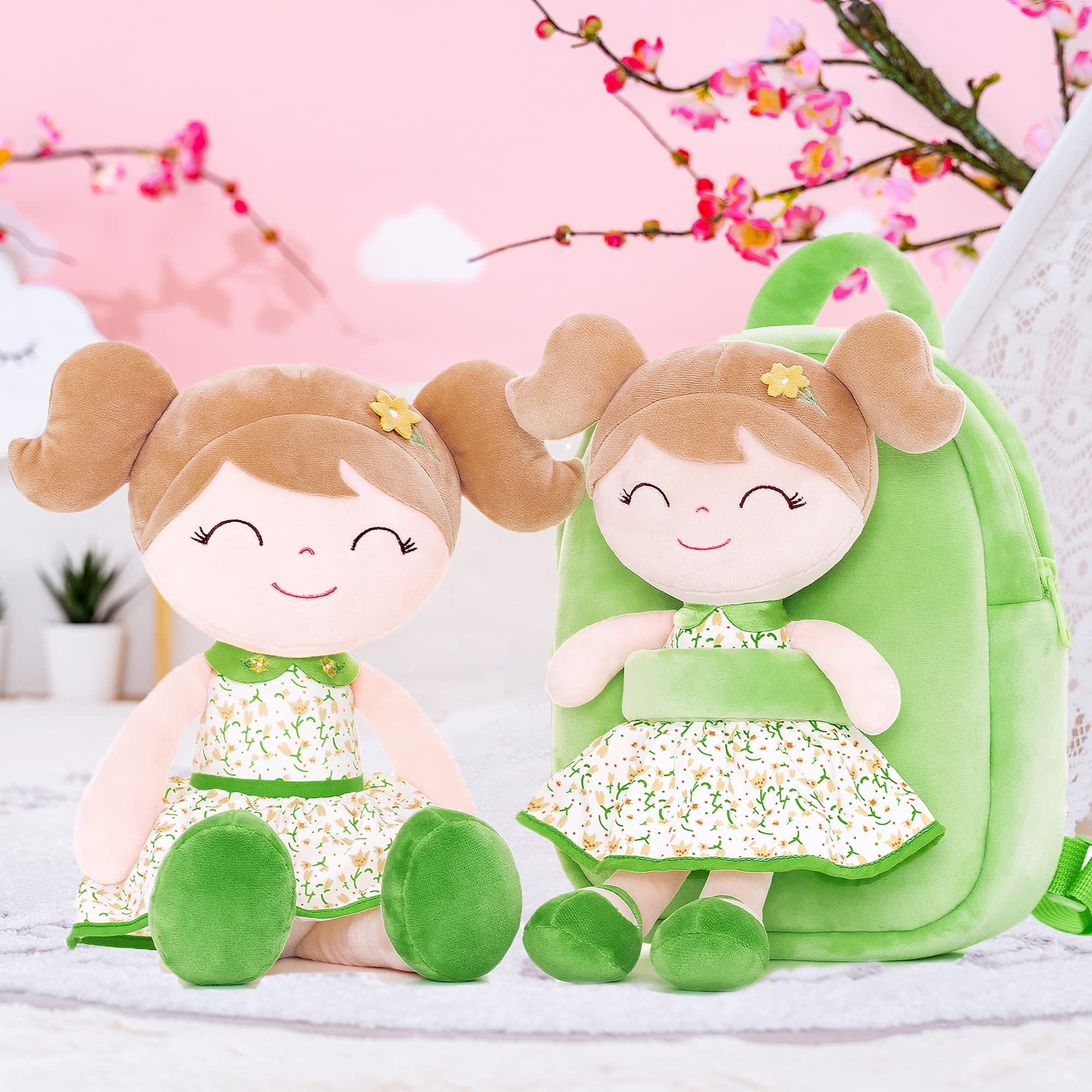 Gloveleya Kids Backpack Toddler Backpack Soft Plush Flower Fairy Girls Doll Backpack Green 9"