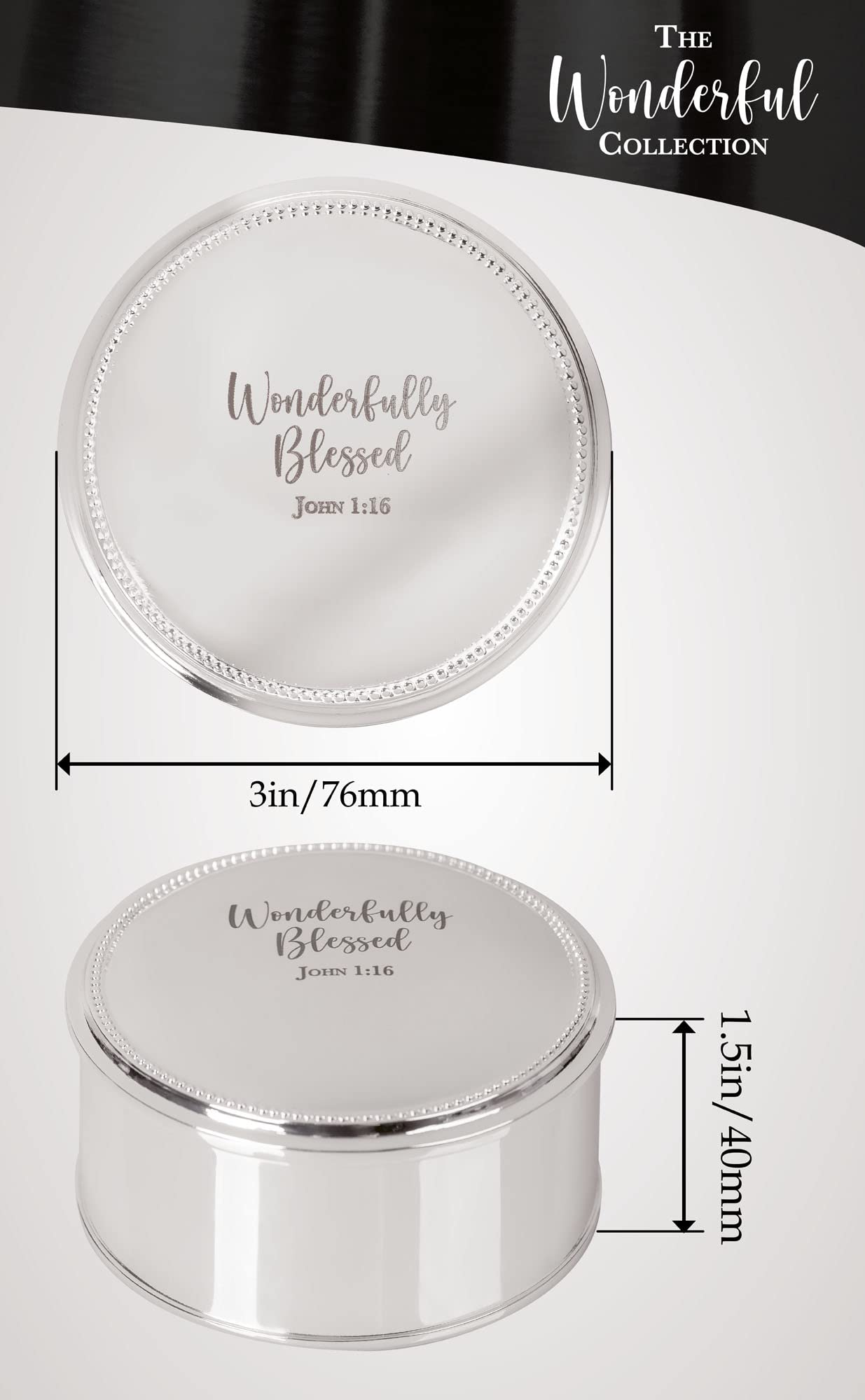 Round Jewelry Mirror Polished Trinket Box - Christian Keepsake for New Born Babies to Celebrate Baptism, Catholic First Communion Rosary Necklace Eucharistic Box Metal