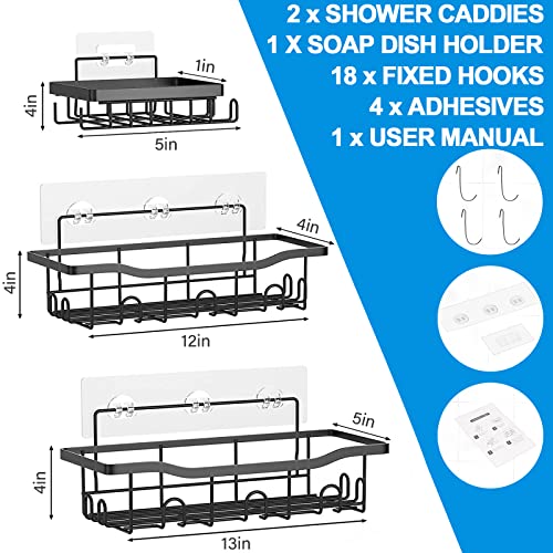 Woseito 3-Pack Shower Caddy, Adhesives Bathroom Organizers With Soap Dish Holder, No Drilling Shower Shelf, Stainless Steel Shower Rack With Hooks, Mounted for Bathroom & Toilet Table (Matte Black)