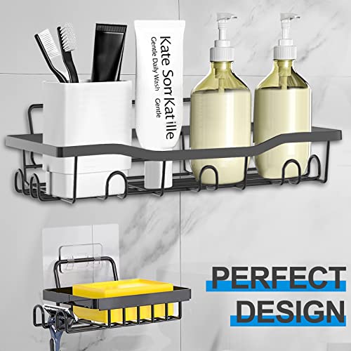Woseito 3-Pack Shower Caddy, Adhesives Bathroom Organizers With Soap Dish Holder, No Drilling Shower Shelf, Stainless Steel Shower Rack With Hooks, Mounted for Bathroom & Toilet Table (Matte Black)