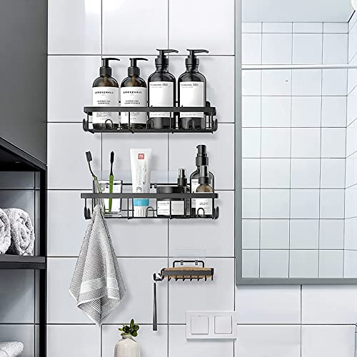 Woseito 3-Pack Shower Caddy, Adhesives Bathroom Organizers With Soap Dish Holder, No Drilling Shower Shelf, Stainless Steel Shower Rack With Hooks, Mounted for Bathroom & Toilet Table (Matte Black)