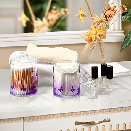 ALAZA 2 Pack Qtip Holder Dispenser Purple Butterflies Flowers Hydrangeas Iris Bathroom Organizer Canisters for Cotton Balls/Swabs/Pads/Floss,Plastic Apothecary Jars for Vanity