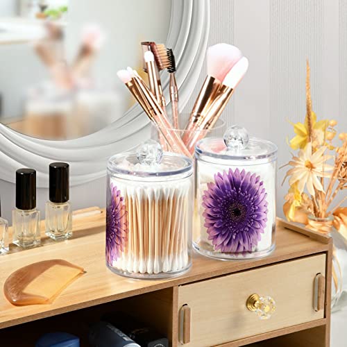 Sletend 2 Pack Plastic Qtips Holder Purple Chrysanthemum Bathroom Container Storage Holder Vanity Canister Jar for Cotton Swabs,Bath Salts,Makeup Sponges,Hair Accessories