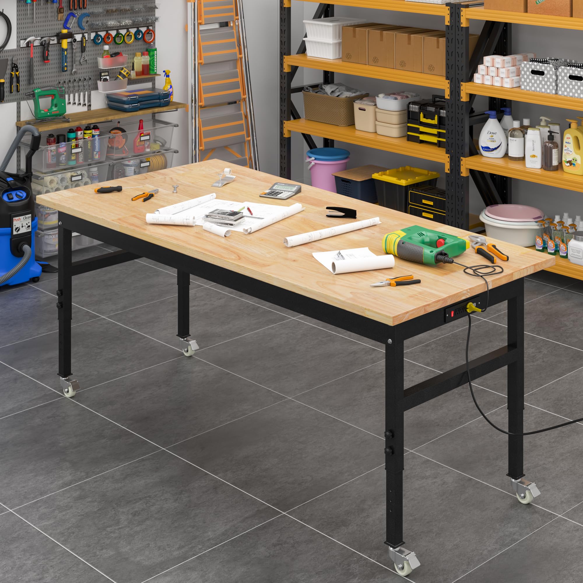 60" Adjustable Work Bench, Rubber Wood Top Workbench Heavy-Duty Work Table with Power Outlet with Wheels, 2000 LBS Load Capacity Hardwood Work Benches for Garage, Workshop, Home, Office, Easy Assembly