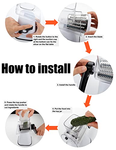 Rotary Cheese Grater,3 in 1 Multi-functional Mandoline Vegetable Shredder,Slicer with Strong Suction Base, 3 Drum Blades in Set (White & Black)