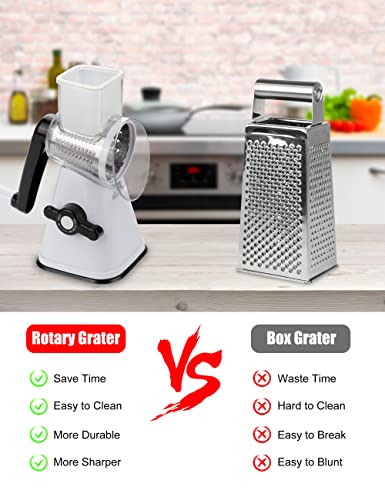 Rotary Cheese Grater,3 in 1 Multi-functional Mandoline Vegetable Shredder,Slicer with Strong Suction Base, 3 Drum Blades in Set (White & Black)