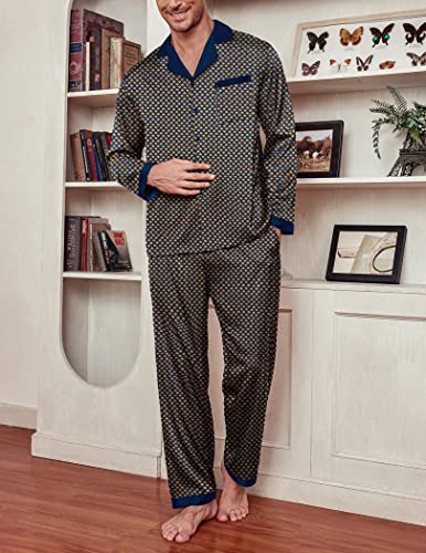 Ekouaer Men's Silk Pajama Set Long Satin Loungewear 2 Piece Pjs Classic Button Down Sleepwear