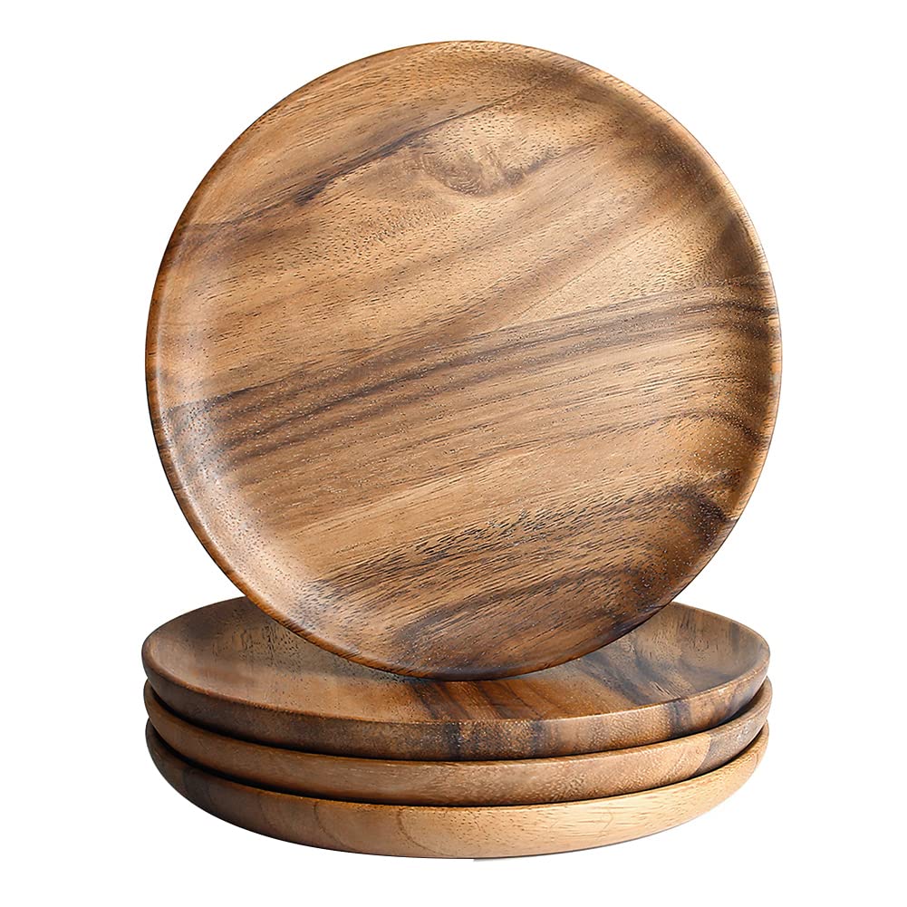 IQCWOOD Wooden Dinner Plates, 6 Inch Round Wood Plates Set of 4, Acacia Wooden Plates Round Tray Easy Cleaning Serving Platter for Food Dessert Salad Plate Fruit Platters