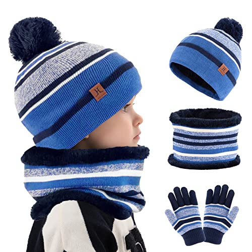 Fancosni Winter Gloves Beanie and Hat for Kids Set, Toddler Winter Hat for Children Boys and Girls 2 3 4 5 6 Age, Scarf Neck Warmer, Touch Screen Gloves Beanie Cap for Cold Winter, 3pcs Blue