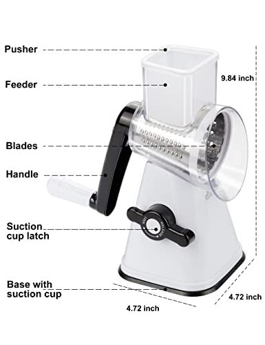 Rotary Cheese Grater,3 in 1 Multi-functional Mandoline Vegetable Shredder,Slicer with Strong Suction Base, 3 Drum Blades in Set (White & Black)