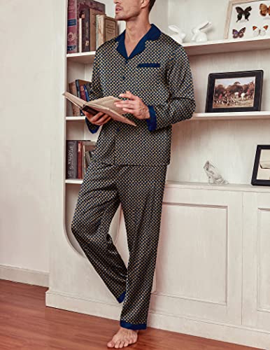 Ekouaer Men's Silk Pajama Set Long Satin Loungewear 2 Piece Pjs Classic Button Down Sleepwear