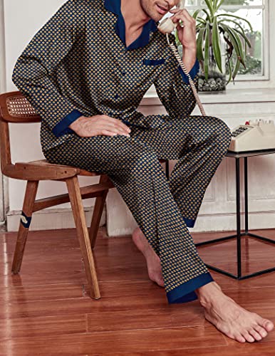 Ekouaer Men's Silk Pajama Set Long Satin Loungewear 2 Piece Pjs Classic Button Down Sleepwear
