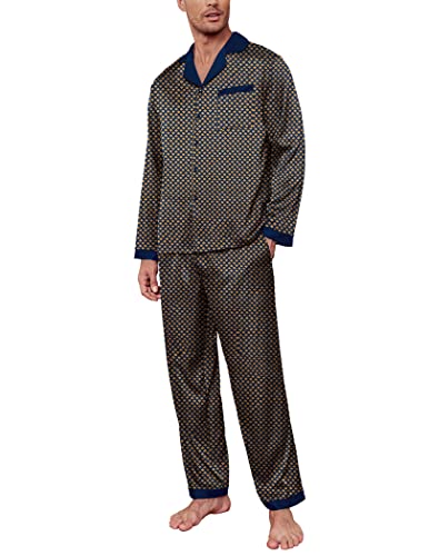 Ekouaer Men's Silk Pajama Set Long Satin Loungewear 2 Piece Pjs Classic Button Down Sleepwear